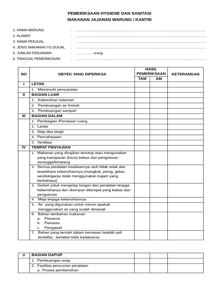 Pemeriksaan Hygiene Kantin dan Warung | PDF