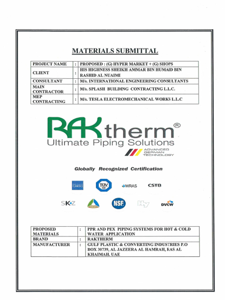 PPR Submittal RAKTHERM | PDF | Pipe (Fluid Conveyance) | Water