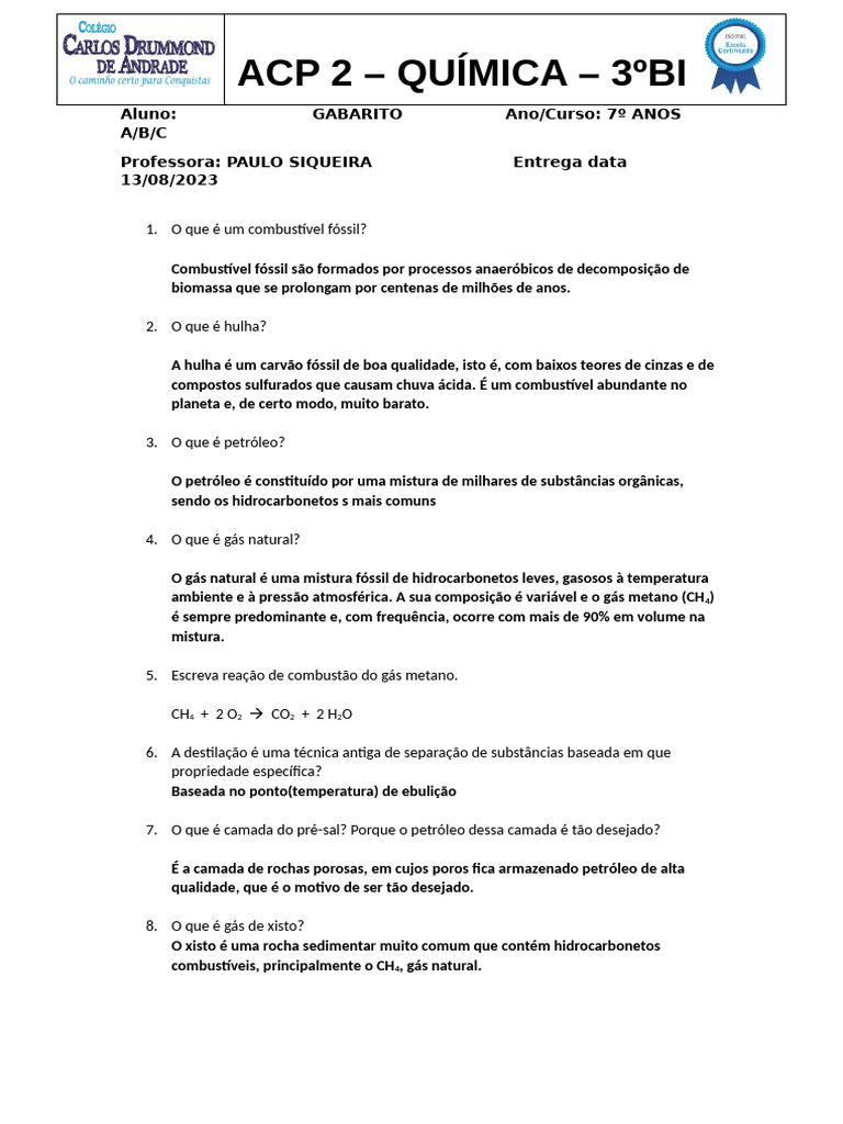 Paulo Siqueira - Acp2 - Gabarito - 7anos - Qumica - 3bi - 2023 | PDF | Combustíveis fósseis ...
