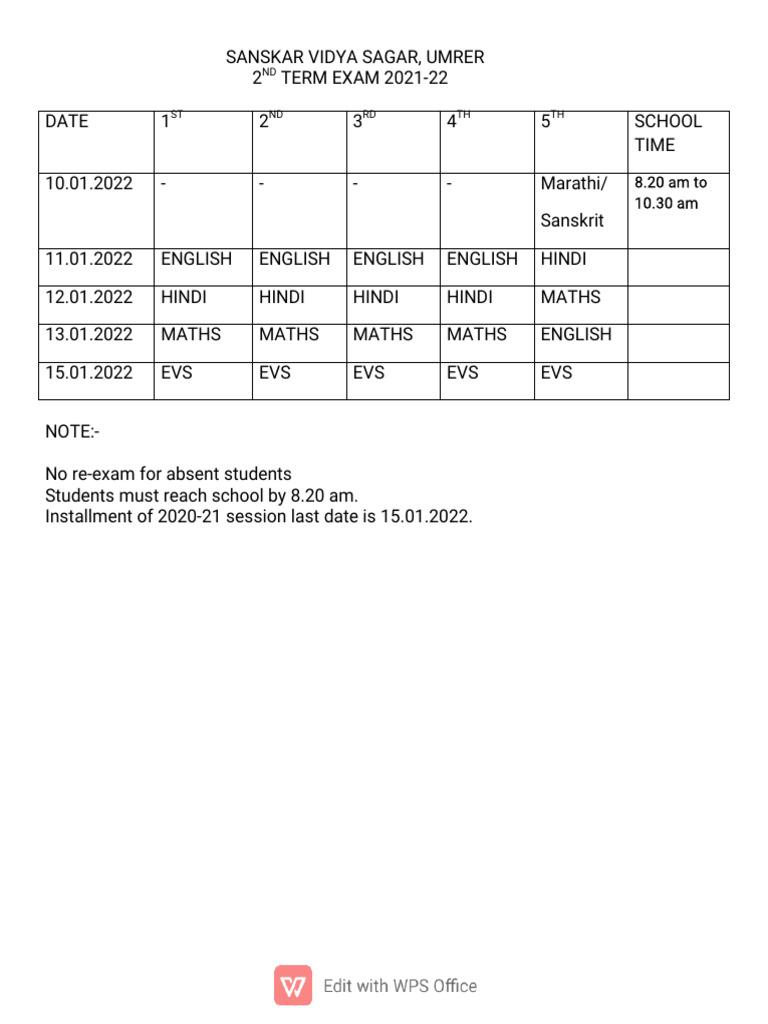 1st to 5th EXAM TIME TABLE 2ND TERM | PDF