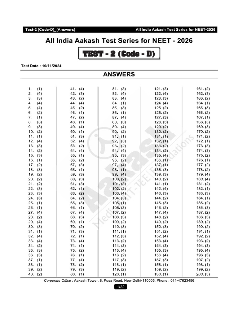 Aiats 2026 Tym Test 2 Code D 10 11 2024 Sol | PDF