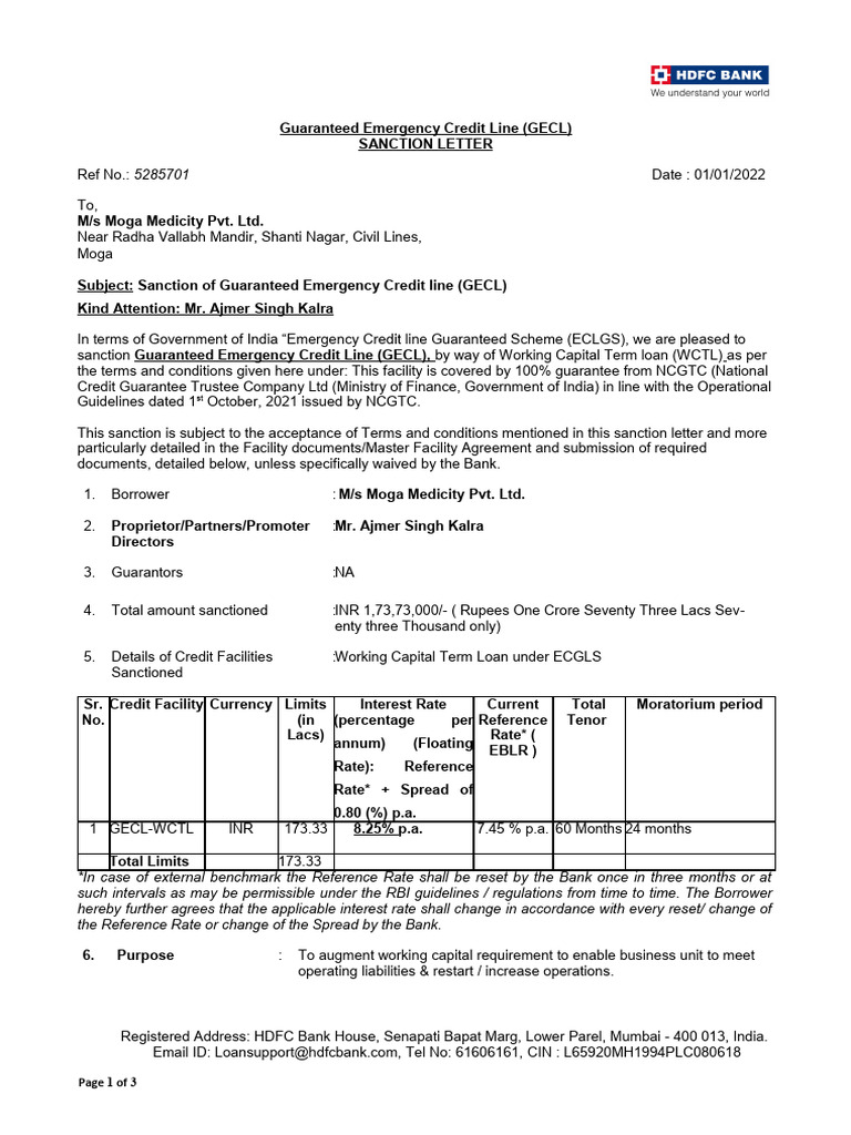 GECL Sanction Letter | PDF | Banks | Interest