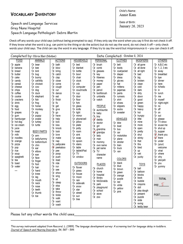 Child Vocabulary Checklist | PDF