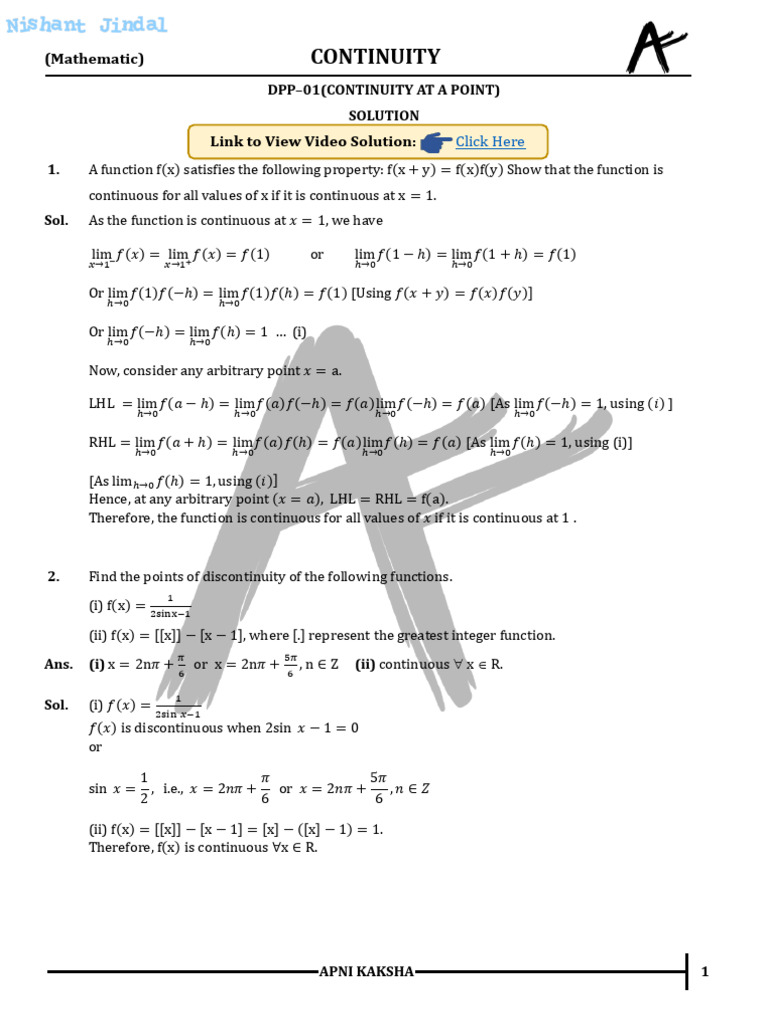 DPP - 01 (Video Solution) - Continuity NJ - 247 | PDF | Function (Mathematics) | Elementary ...