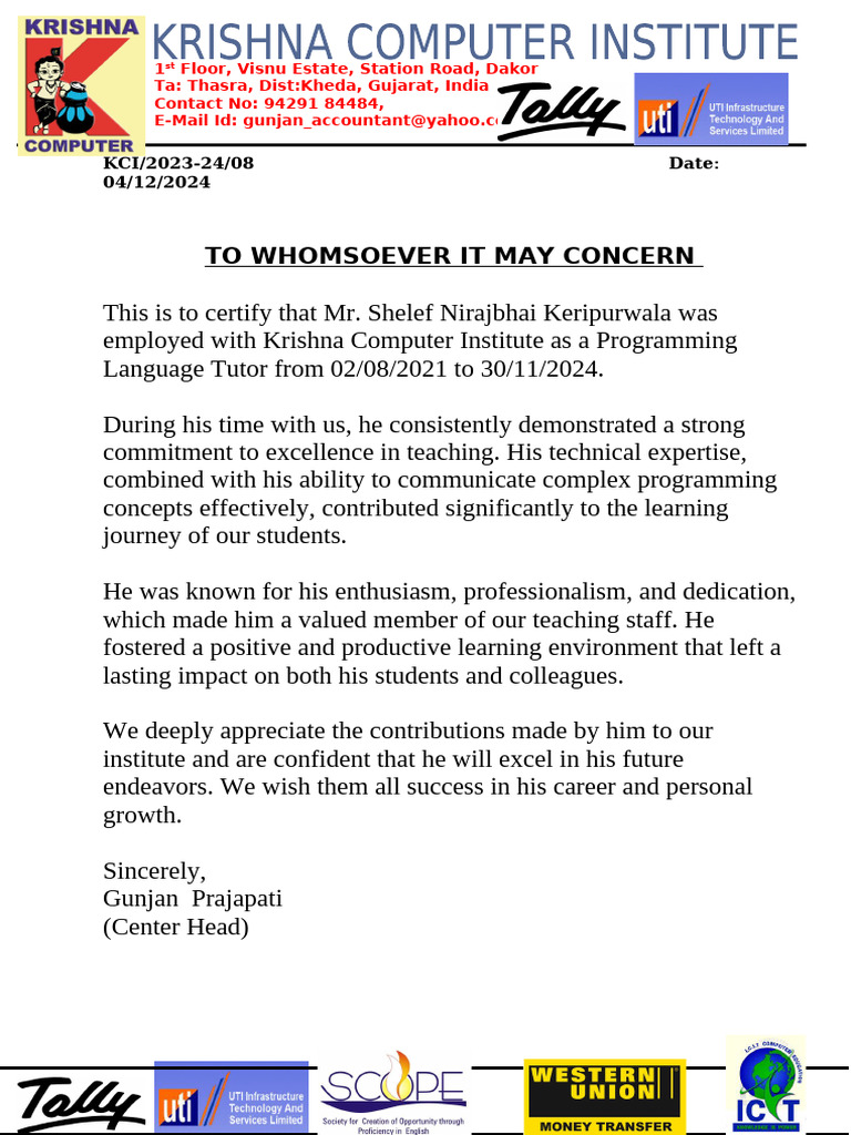 JOB EXP LATTER SHELEF Keripurwala | PDF