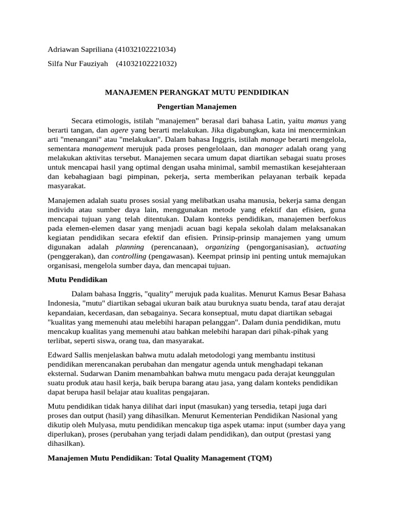Tuga Adri Managemen Mutu Pendidikan | PDF