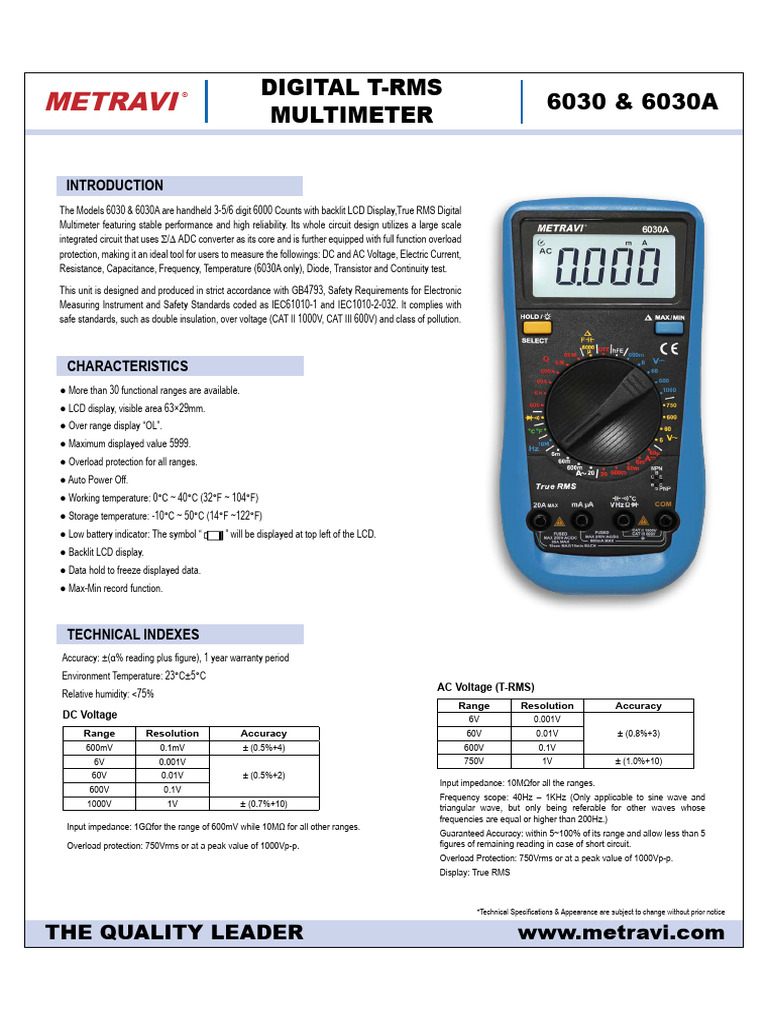 Metravi 6030A TRMS Digital Multimeter Catalogue | PDF | Power Supply ...