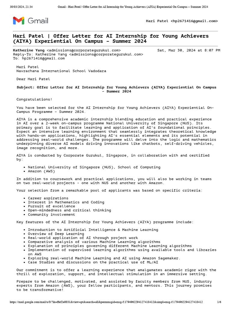AIYA Internship Offer Letter 2024 | PDF | Cluster Analysis | Artificial ...