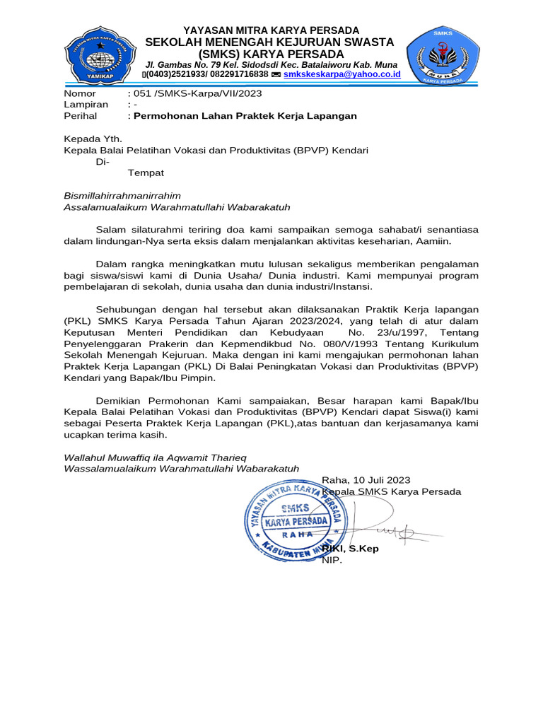 Permohonan PKL SMKS Karya Persada | PDF