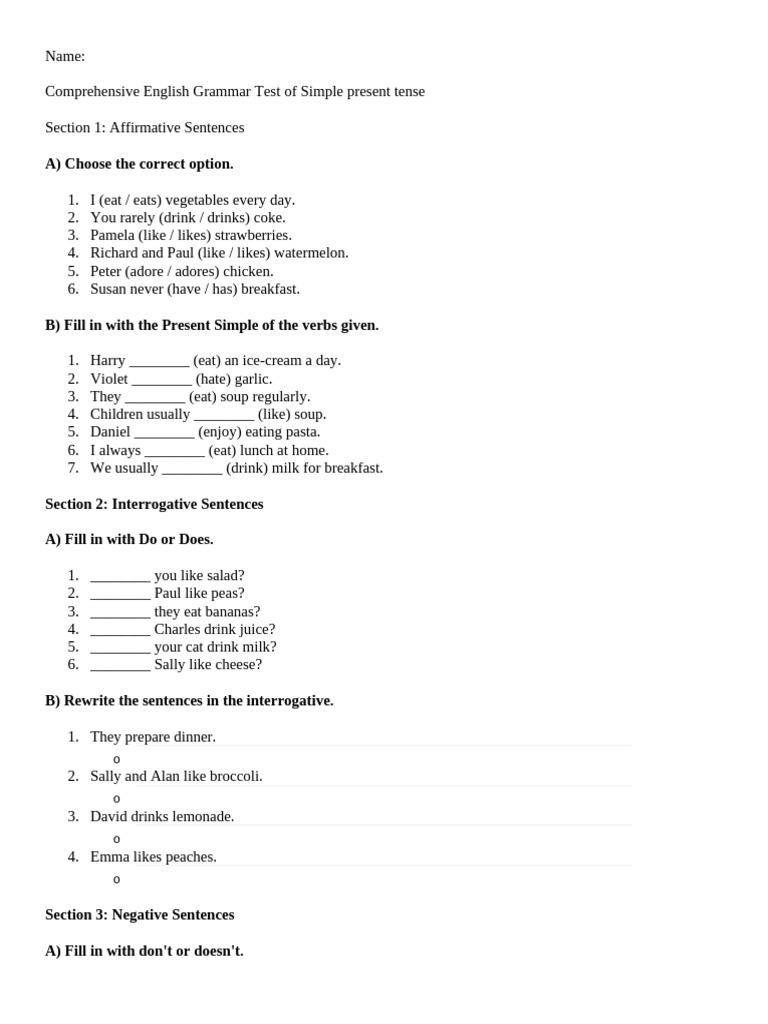 simple present test | PDF | Hobbies | Foods