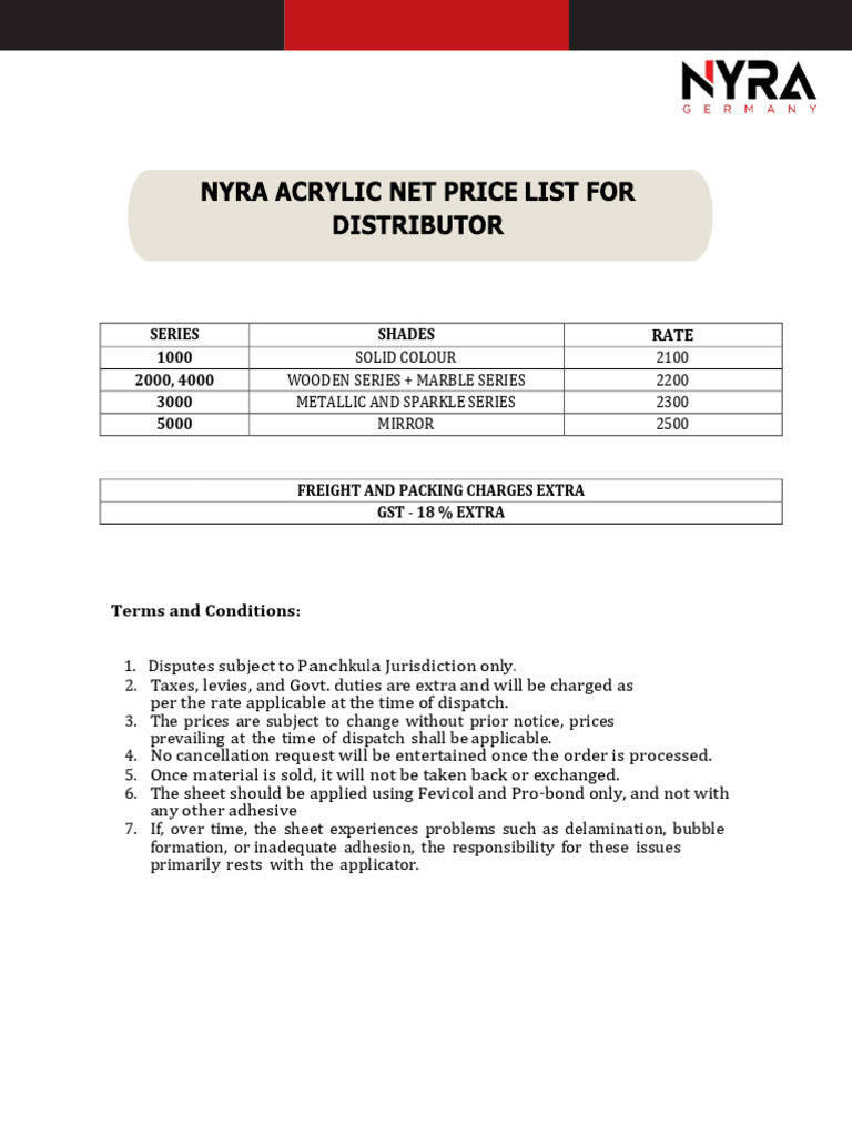 Acrosheen Acrylic Sheet Price List | PDF