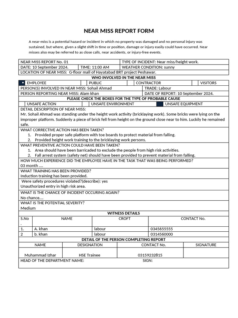NEAR MISS REPORT FORM Sample-1 | PDF | Occupational Safety And Health ...