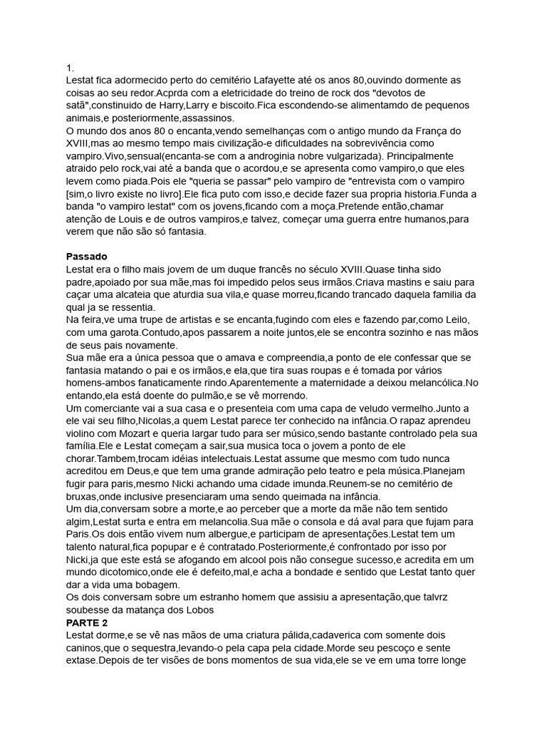 O vampiro Lestat resumo | PDF | Vampiros