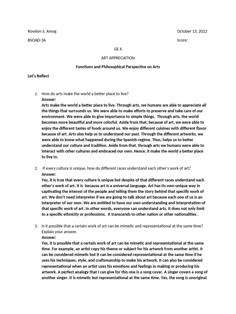 Art Assgn.- Functions and Perspective on Arts | PDF | Liberal Arts Education