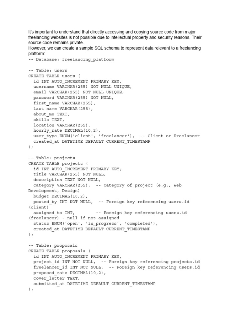 Sample SQL Schema for Freelancing Platform | PDF | Data Model | Software Design