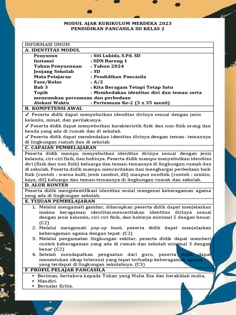 Modul Ajar Kumer (Pendidikan Pancasila) - Kelas 2 | PDF