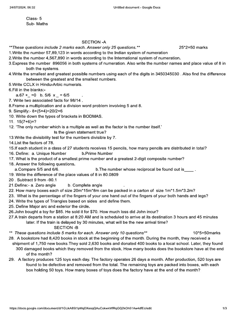 Edited Class 5 Maths Question | PDF