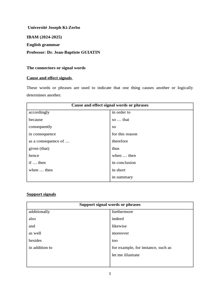 Connectors or signal words | PDF | Linguistics | Grammar