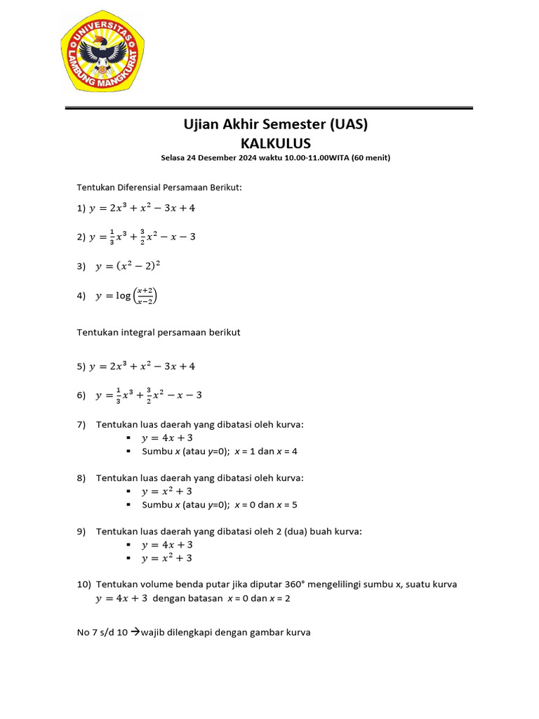 UAS Kalkulus 2024 Teknik Lingkungan | PDF