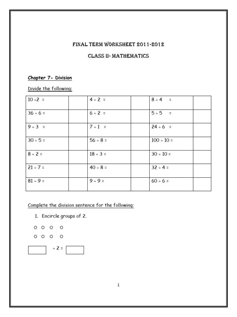 CBSE Class 2 Maths Practice Worksheets (140) - Division | PDF