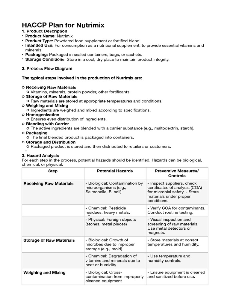 HACCP Plan For Nutrimix | PDF | Food Safety | Calibration