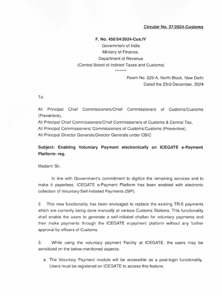 Circular No. 27 of 2024-Cus - Voluntary Payments | PDF