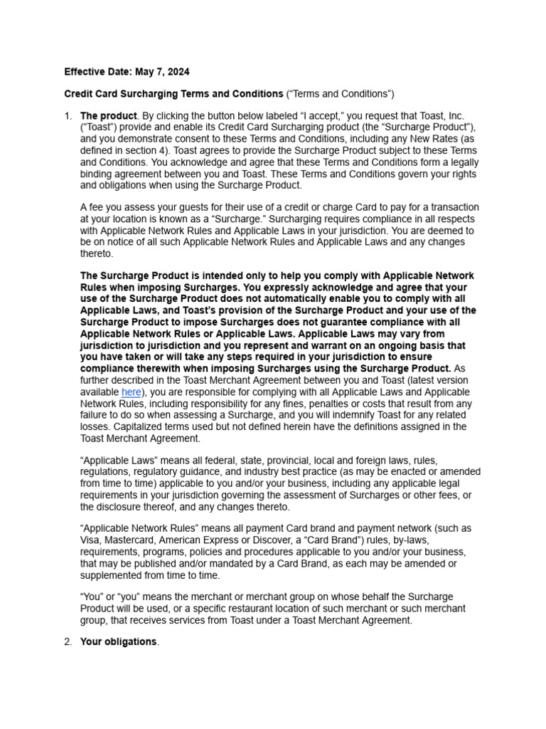 Toast Surcharge Product Terms and Conditions v2 | PDF | Credit Card ...