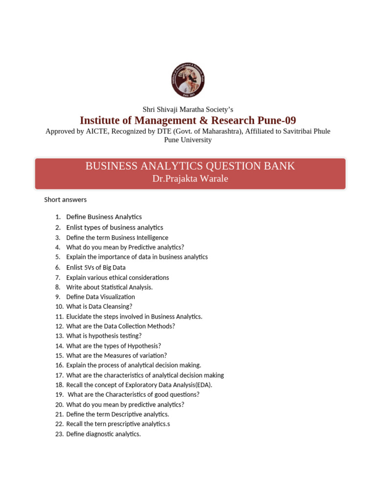 Business Analytics Question Bank | PDF | Analytics | Agribusiness