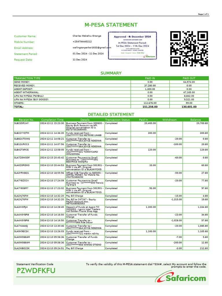 MPESA Statement 2024-12-01 Removed | PDF | Money | Financial Technology