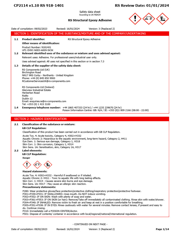 RS Structural Epoxy Adhesive SDS | PDF | Toxicity | Personal Protective ...