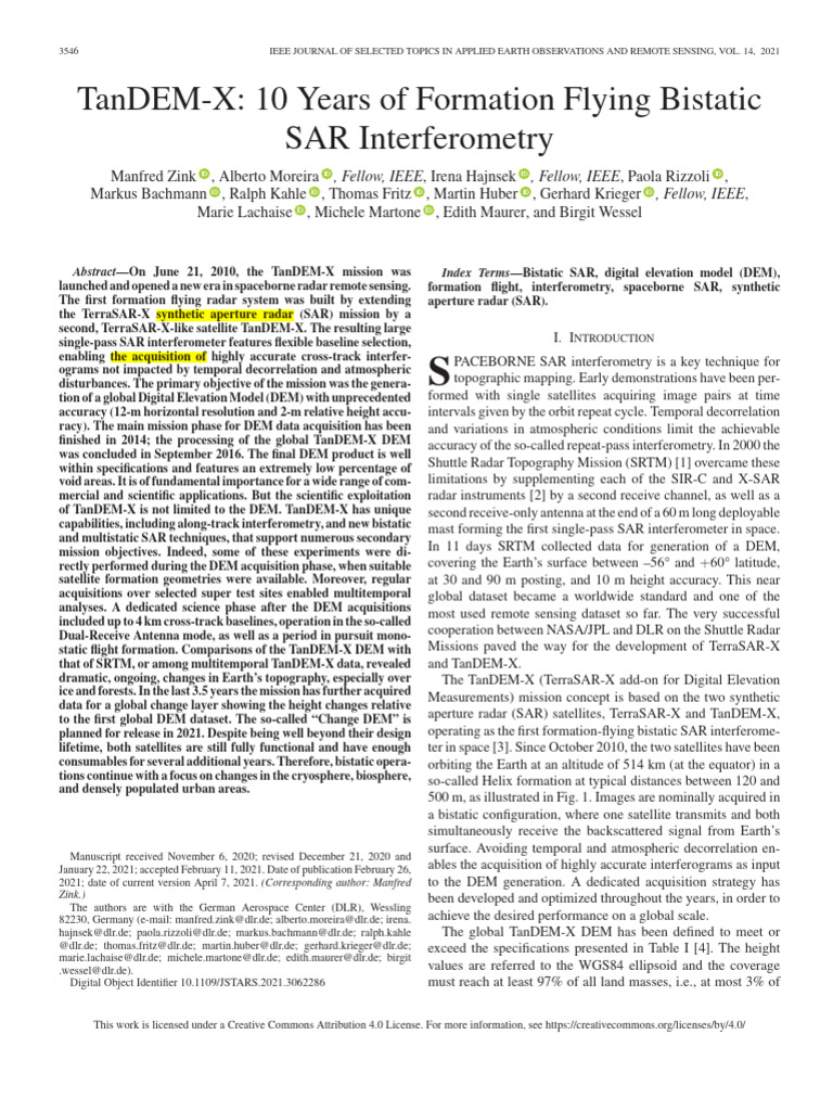 TanDEM-X 10 Years of Formation Flying Bistatic SAR Interferometry | PDF | Interferometry