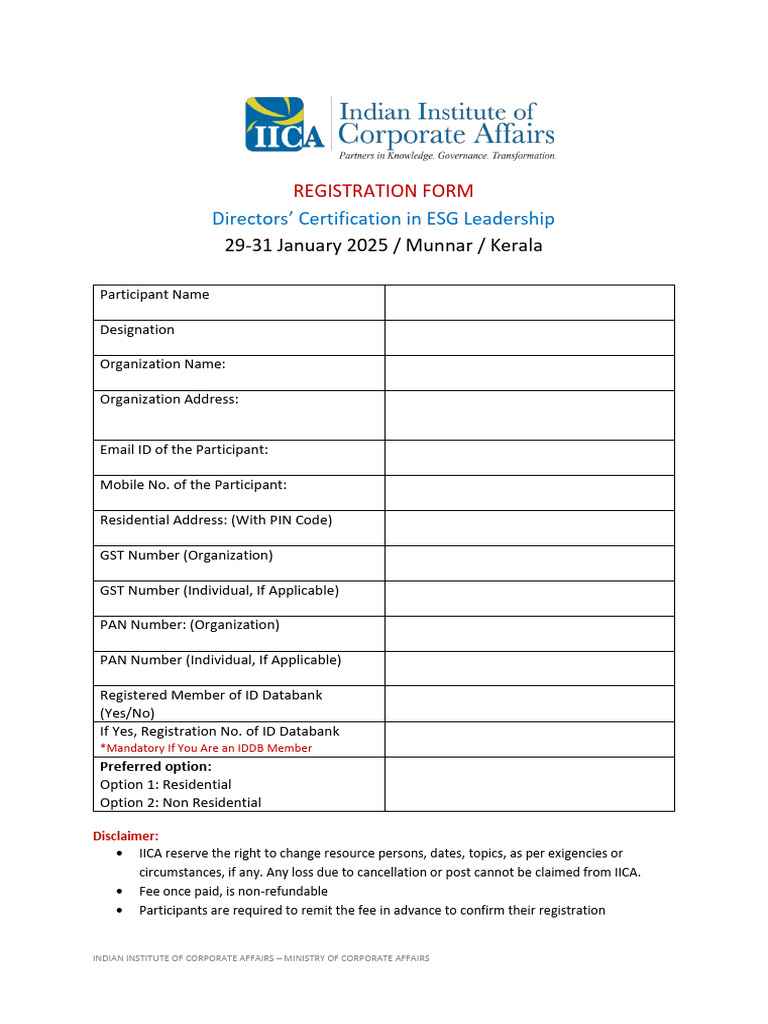 Registration IICA ESG Munnar Registration Form | PDF