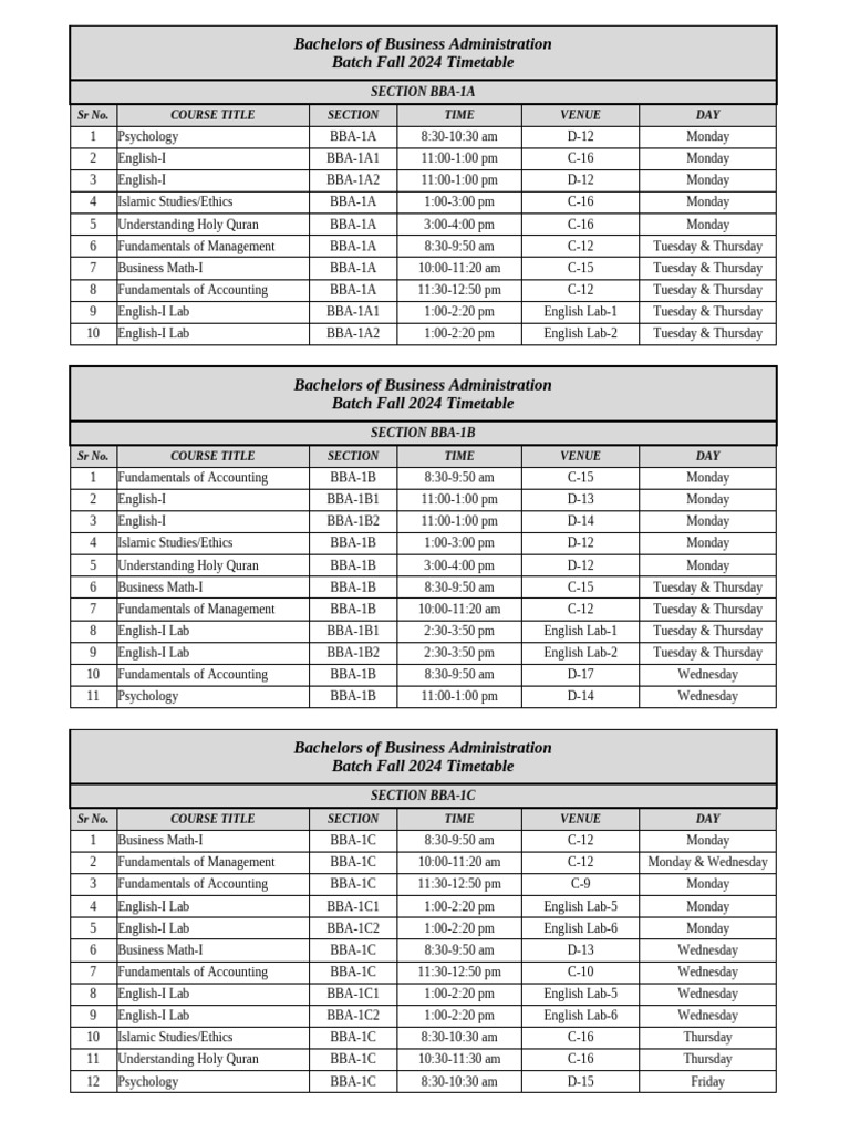 FSM Fall 2024 Batch Timetable (All FSM Programs) | PDF