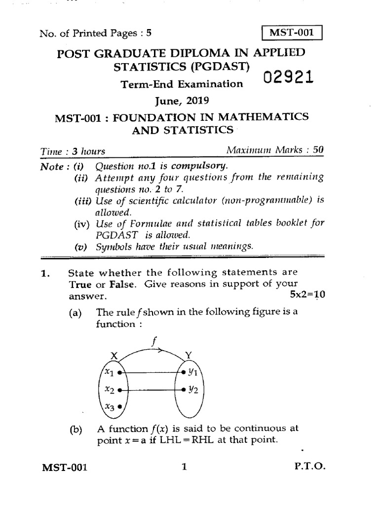 MST 001 | PDF | Function (Mathematics) | Statistics