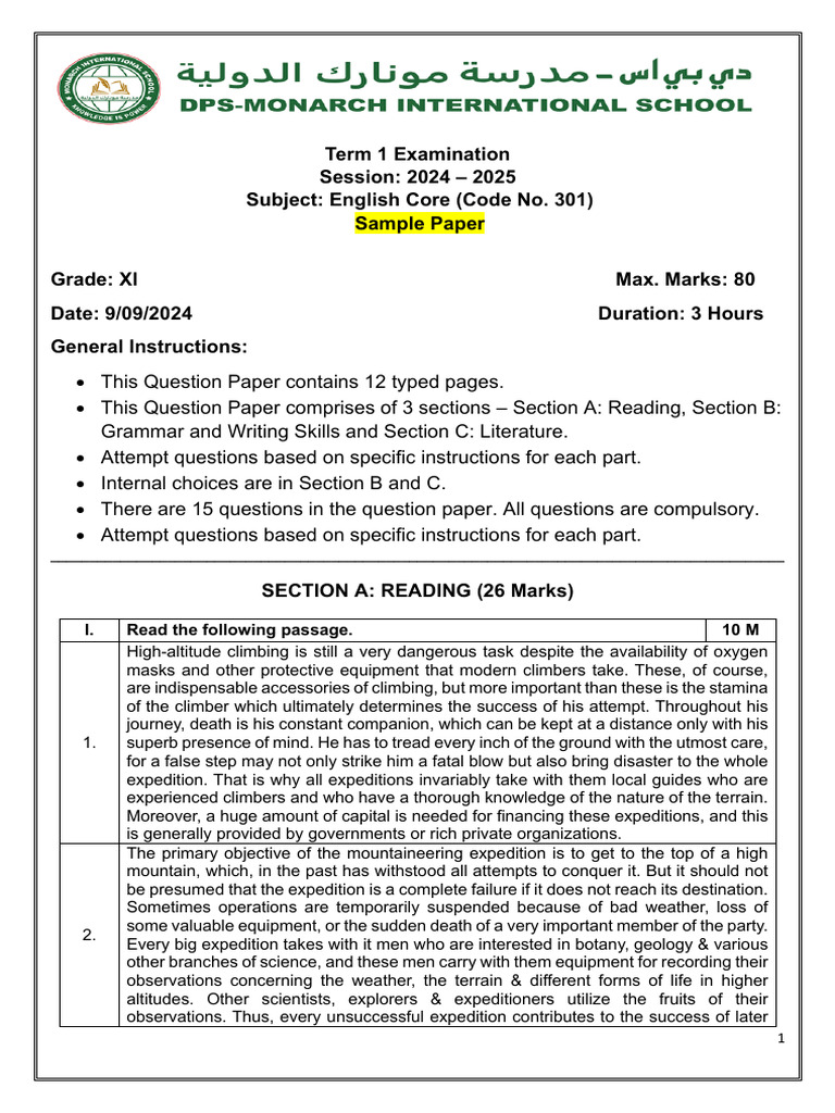 Sample Term 1 Question Paper '24 - '25 | PDF | Mountaineering | Robot