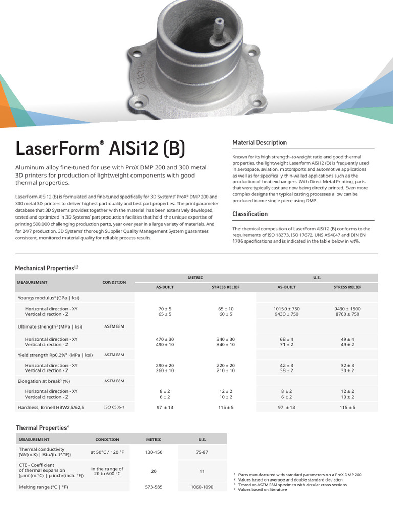 Laserform Alsi12 (B) Datasheet | PDF | Metals | Applied And Interdisciplinary Physics