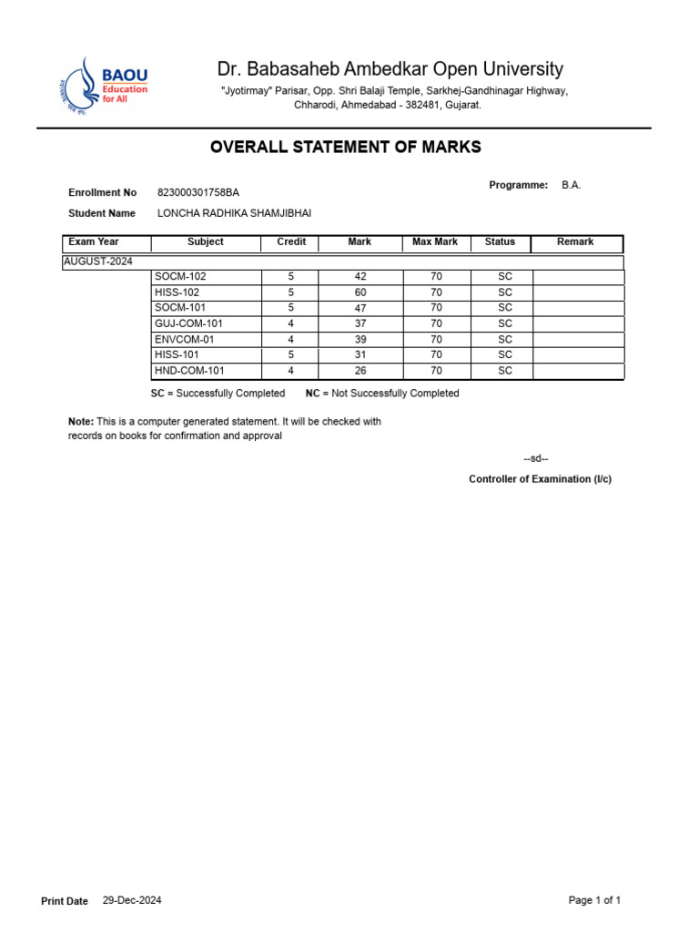 BA Exam Marks Statement - August 2024 | PDF