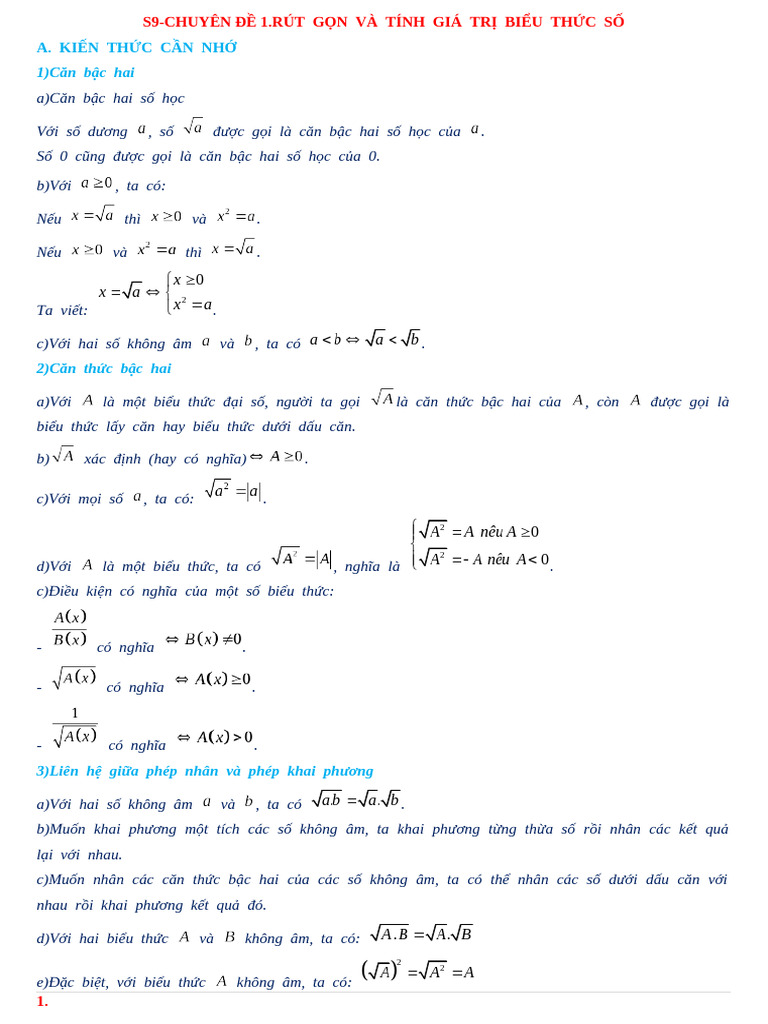 S9 Chuyen de 1 Bieu Thuc So GV | PDF