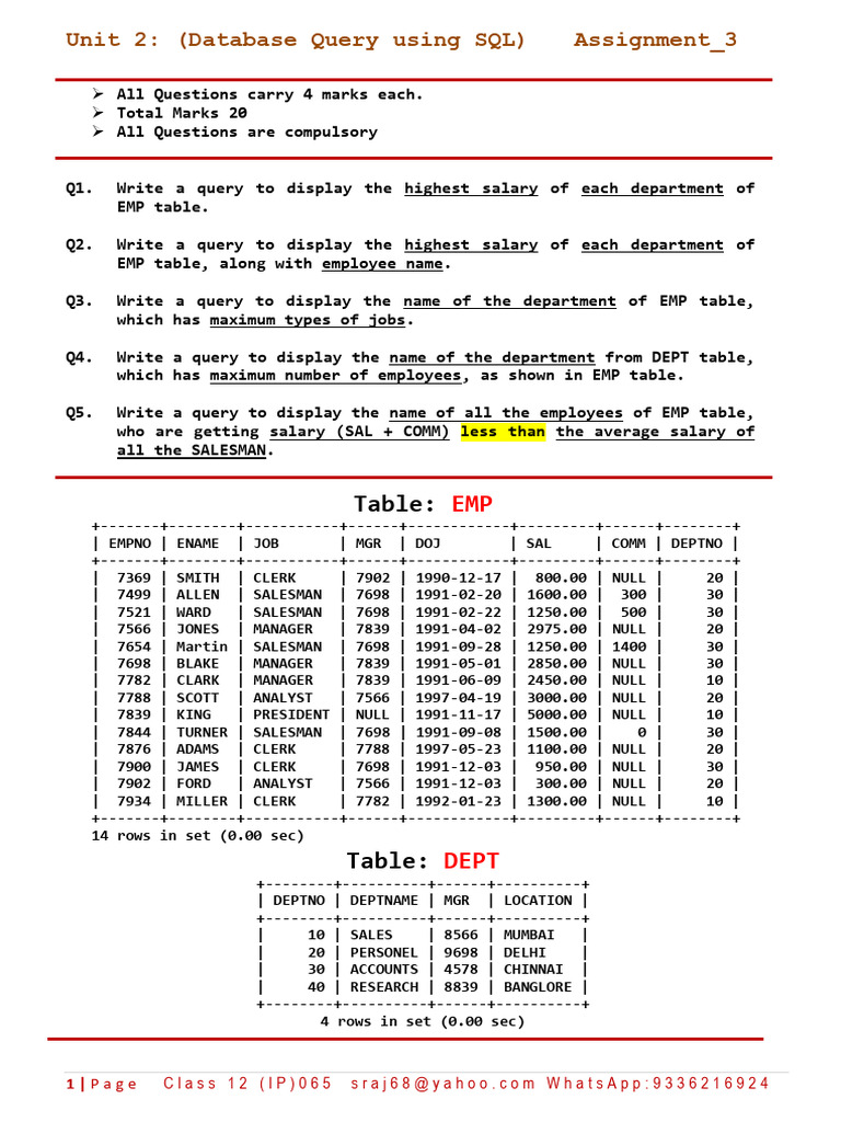 ASSIGNMENT 3 Sol | PDF | Sql | Table (Database) ASSIGNMENT 3 Sol | PDF | Sql | Table (Database)