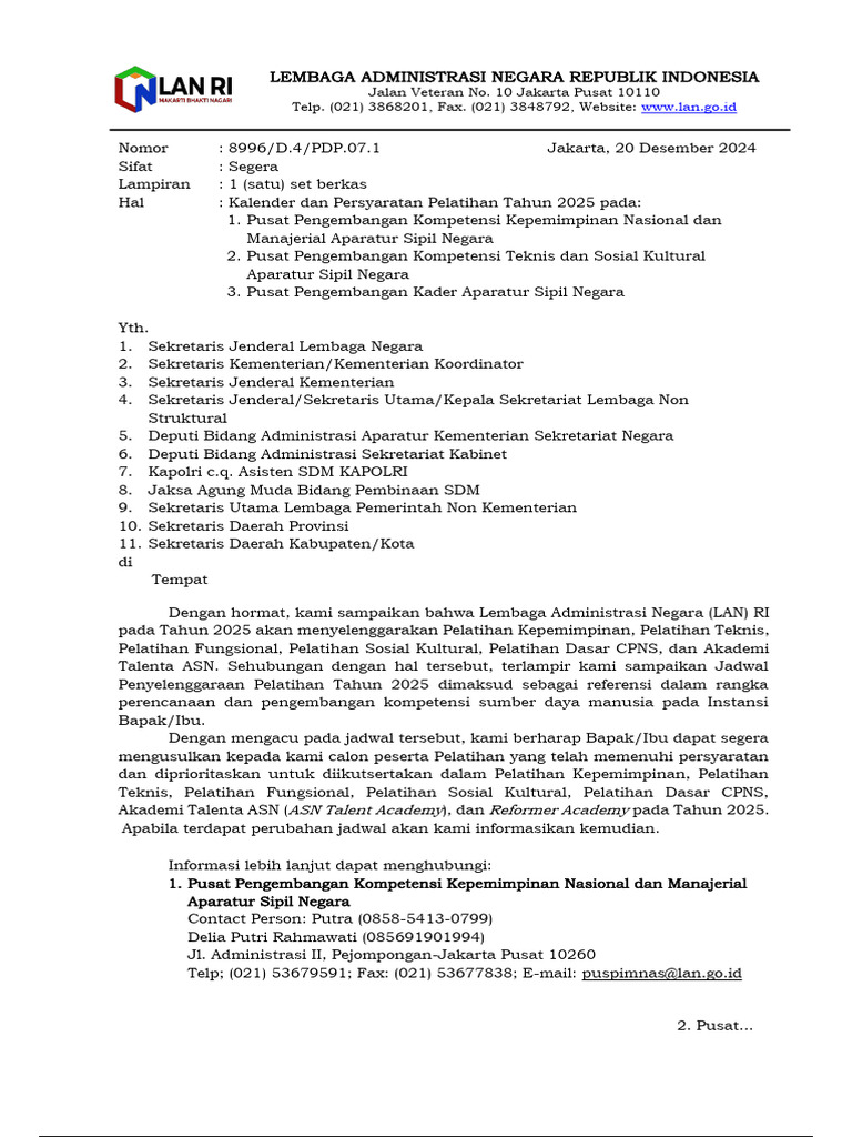 8996-Surat Kalender Pelatihan LAN Tahun 2025 - 241221 - 123534 | PDF