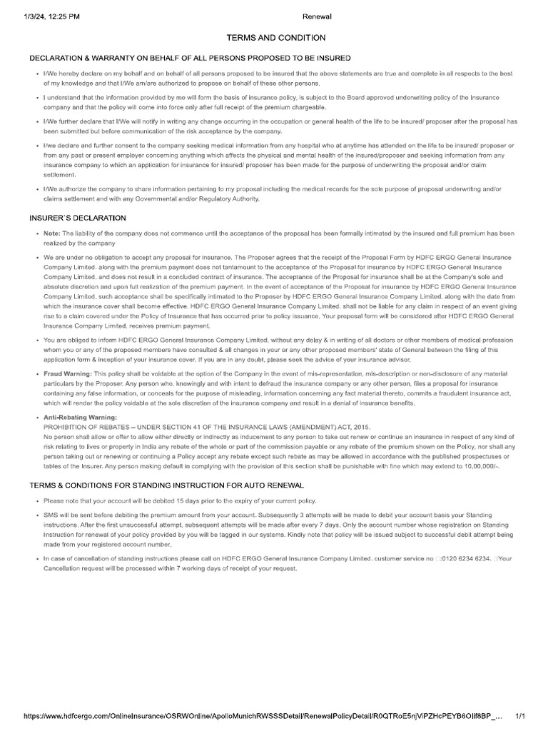 HDFC ERGO Renewal Terms & Conditions | PDF