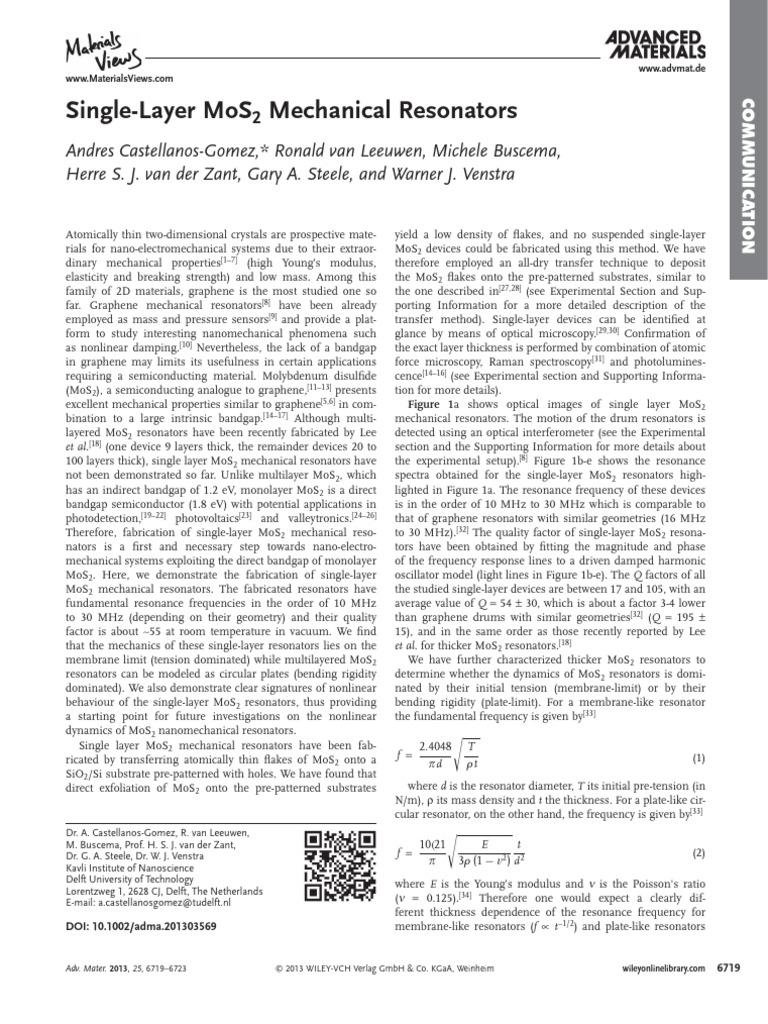 MoS2 Resonators for NEMS | PDF | Graphene | Resonance