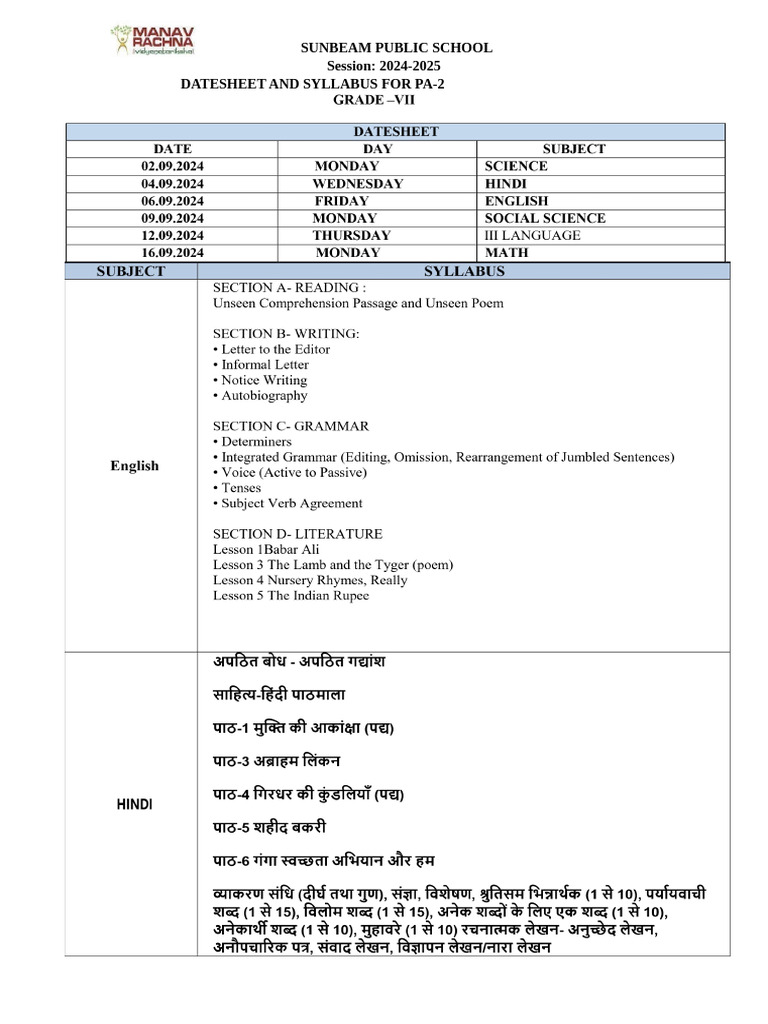 GRADE 7 Datesheet and Syllabus For PA 2 (24-25) | PDF