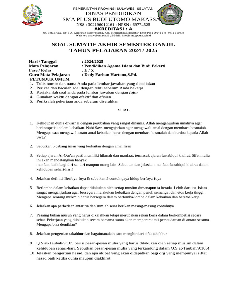 SAS Ganjil PAI Kelas 10 2024-2025 | PDF