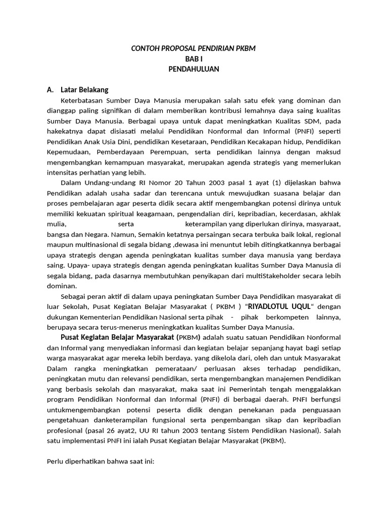 Contoh Proposal Pendirian PKBM Riyadlotul Uqul | PDF