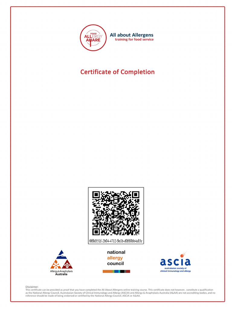 All About Allergens 2024-Certificate of Completion For 100% Result 191662 | PDF