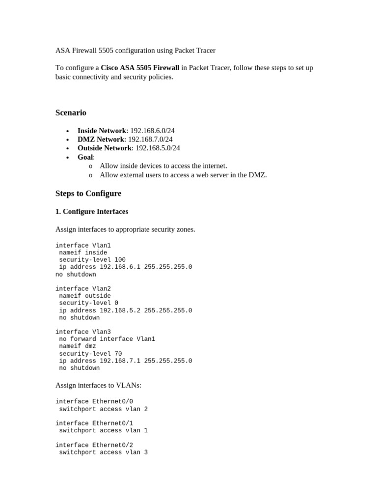 ASA 5505 Firewall Setup in Packet Tracer | PDF | Ip Address | Network ...
