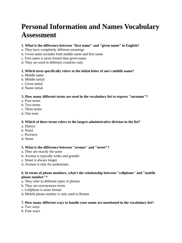 Personal Names and Vocabulary Quiz | PDF
