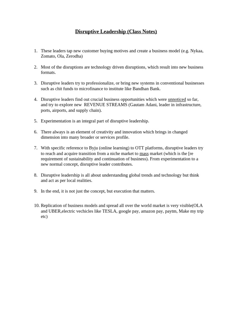 Disruptive Leadership Class Notes | PDF