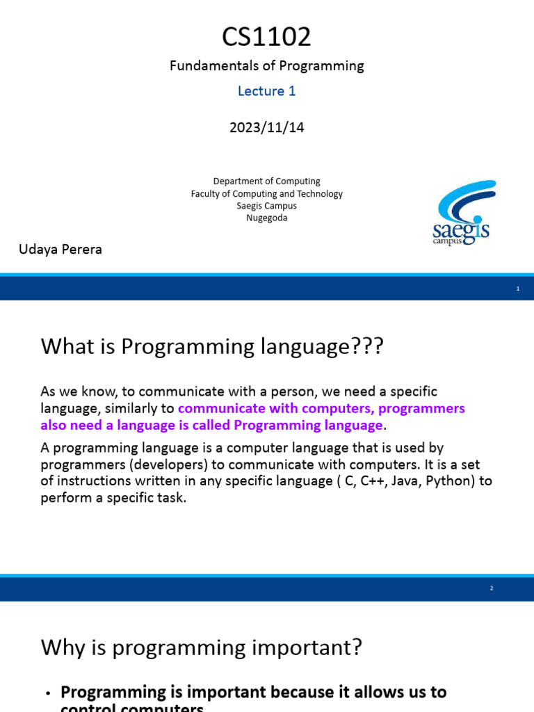 Fundamentals of Programming Lec-1 | PDF | Computer Programming | Assembly Language